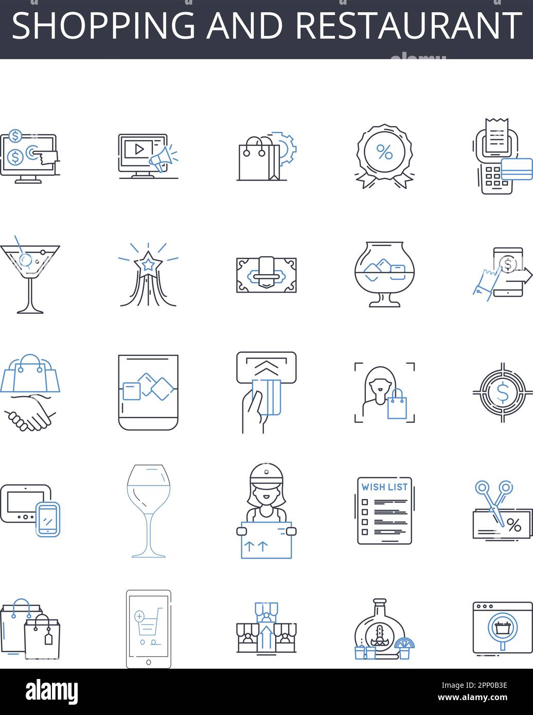 Shopping and restaurant line icons collection. Retail therapy, Eating out, Grocery shopping ...