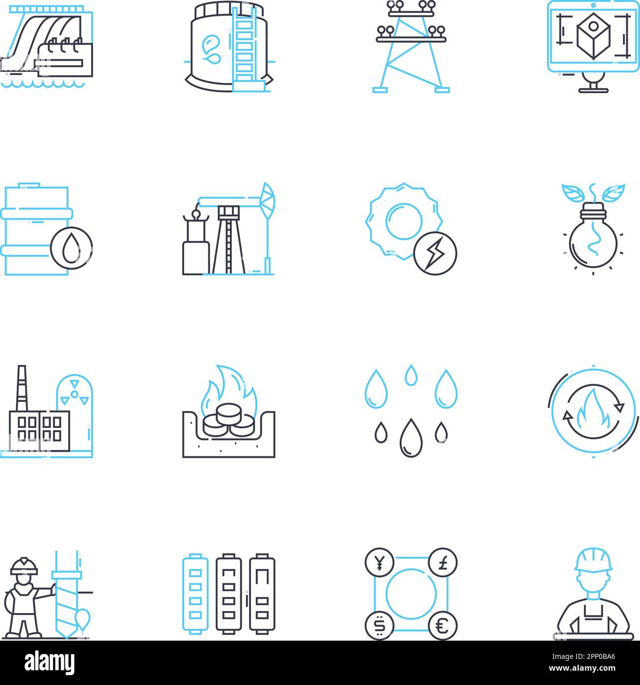 Clean energy linear icons set. Solar, Wind, Hydrogen, Biomass, Geothermal, Tidal, Nuclear line ...