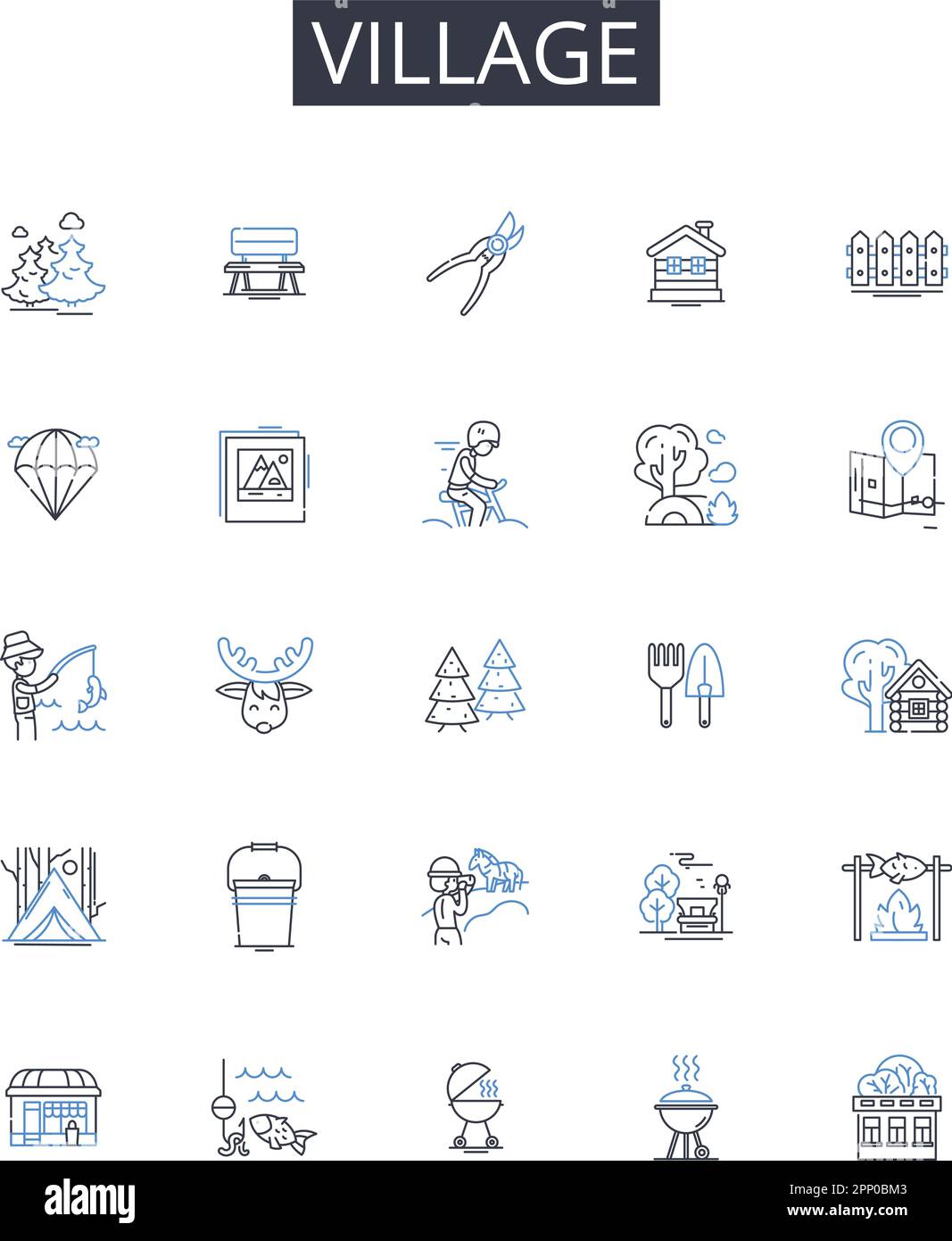 Village line icons collection. Hamlet, Small town, Rural community ...