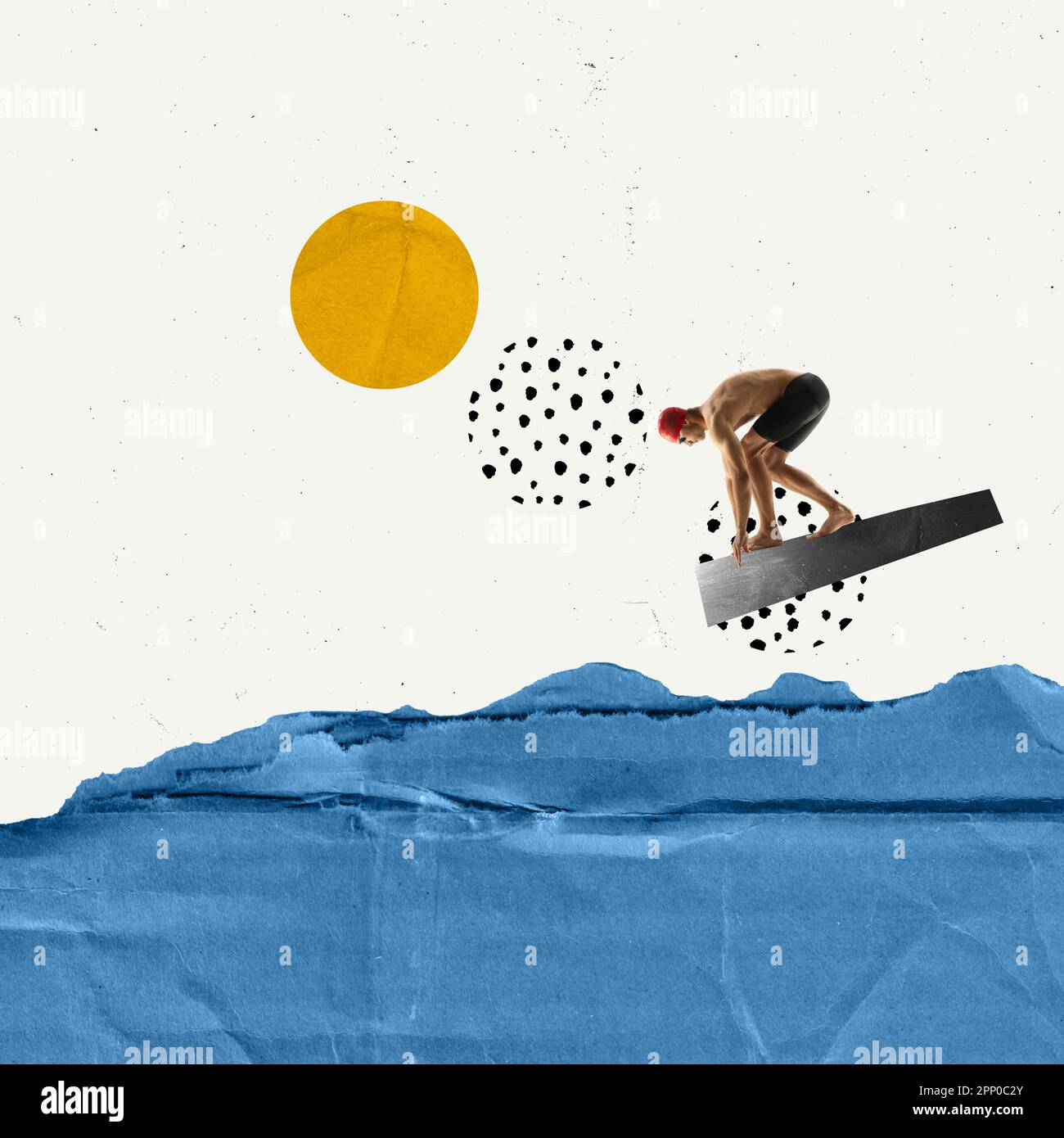 Sportive, muscular, young man in swimming cap and goggles jumping into ...
