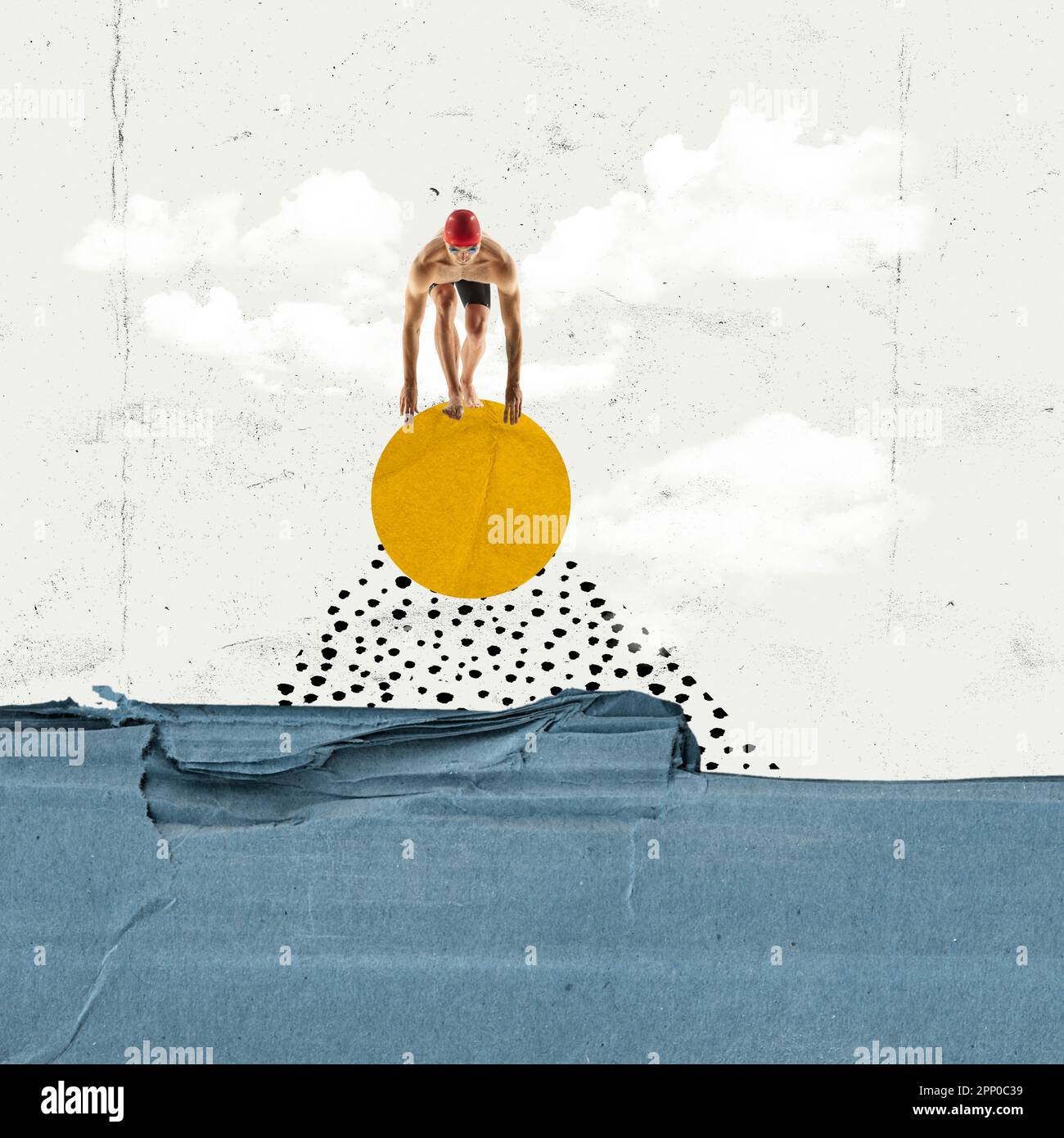 Athletic, muscular, young man in swimming cap and goggles jumping into ...