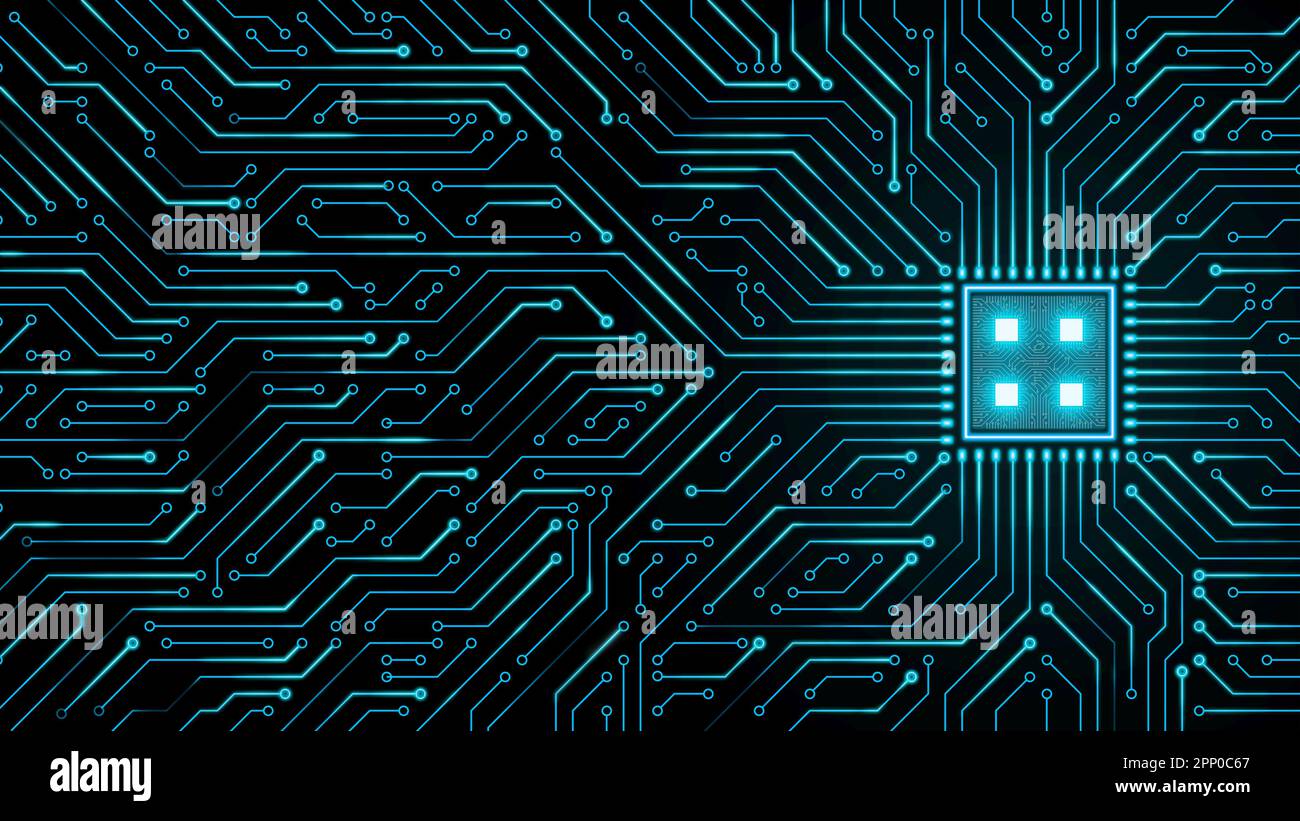 Circuit board background. Electronic computer hardware technology. chip cpu processor with blue ...
