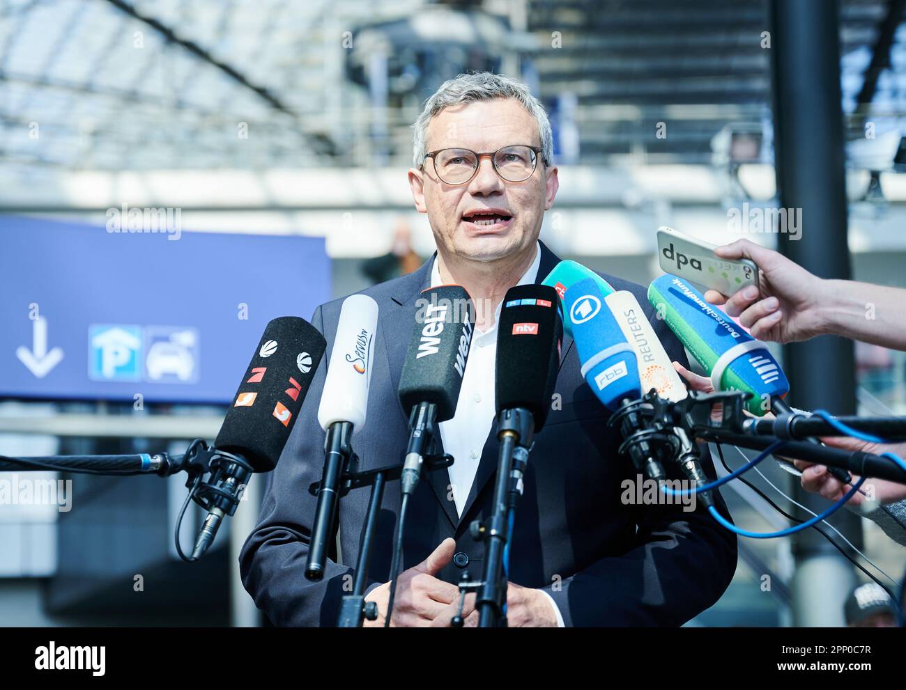 Berlin, Germany. 21st Apr, 2023. Achim Stauß, DB Group spokesman, makes ...