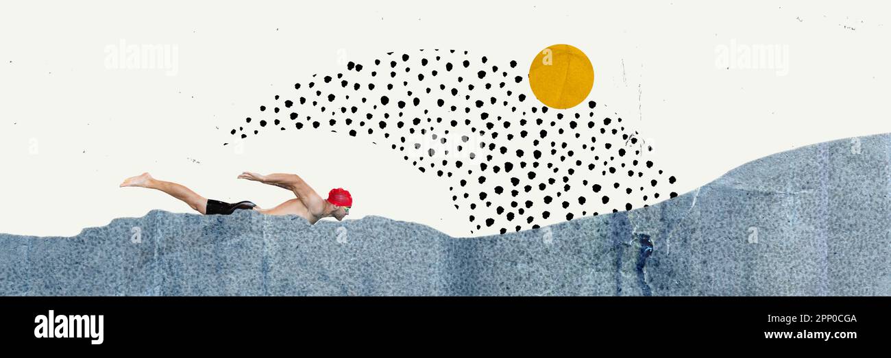 Man, professional swimmer in swimming cap and goggles swimming into ...