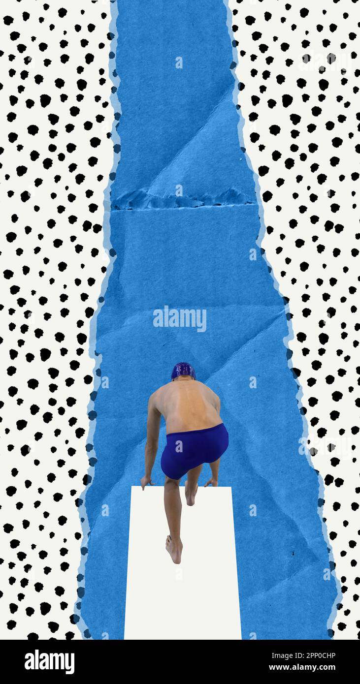 Top view of man, professional swimming athlete standing on trampoline ...