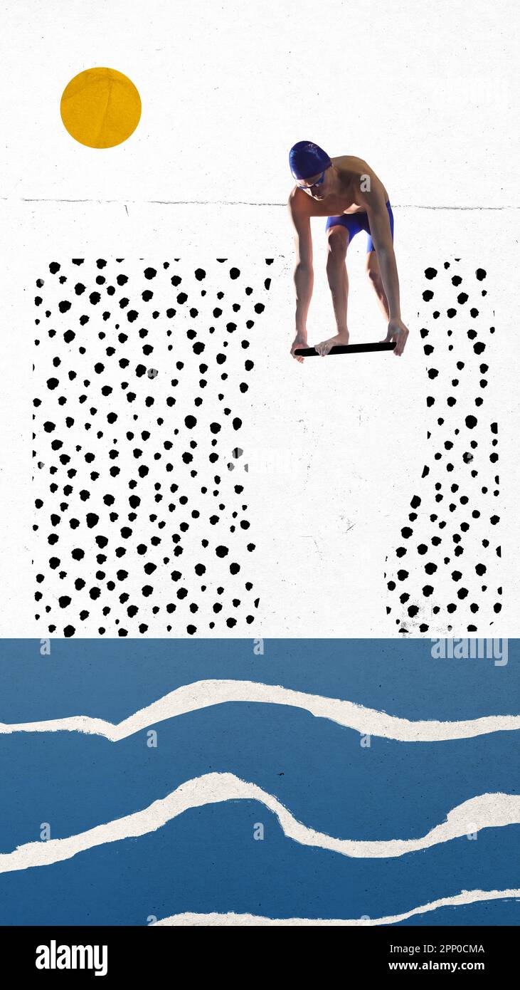 Young man, professional swimming athlete standing on trampoline and ...