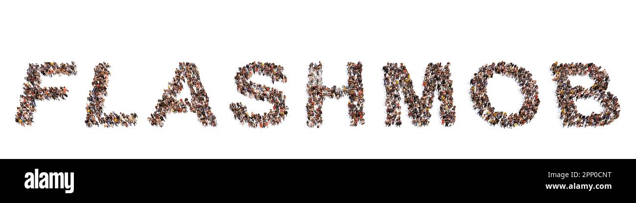Conceptual large community of people forming FLASHMOB word. 3d ...