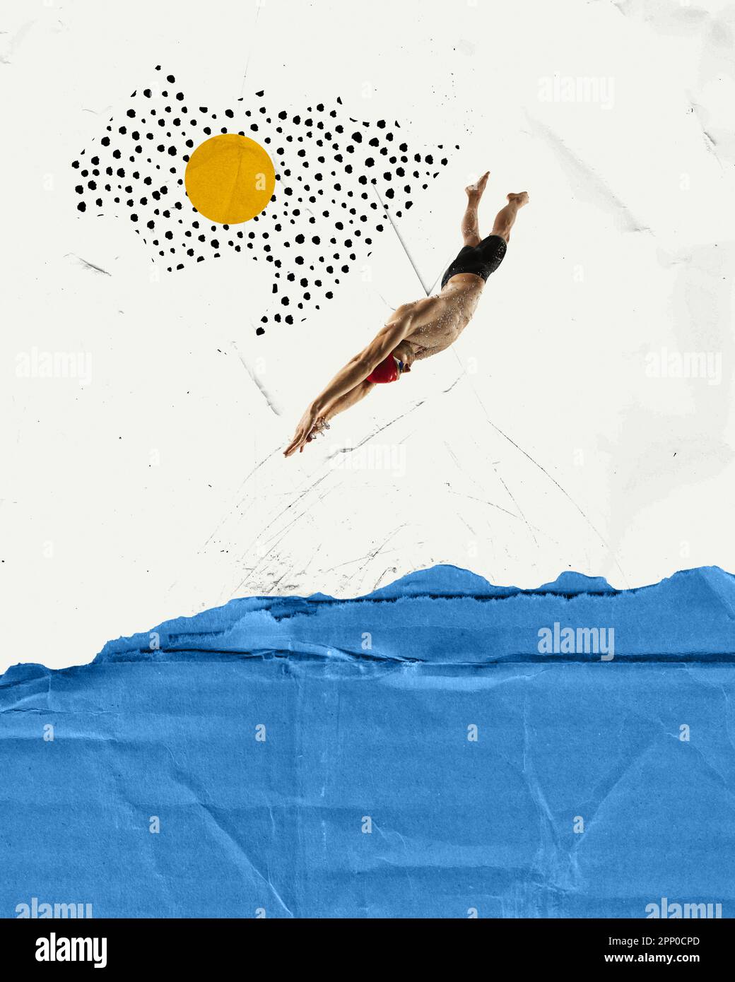 Man, professional swimmer with muscular body jumping into water ...