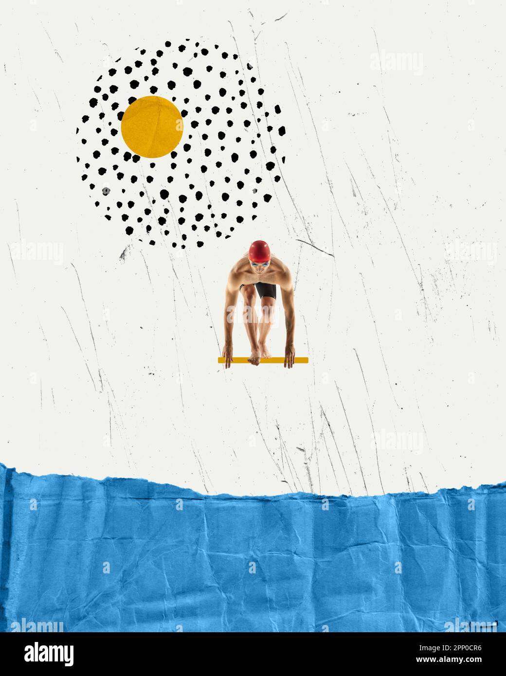 Young man, professional swimming athlete standing on trampoline and ...