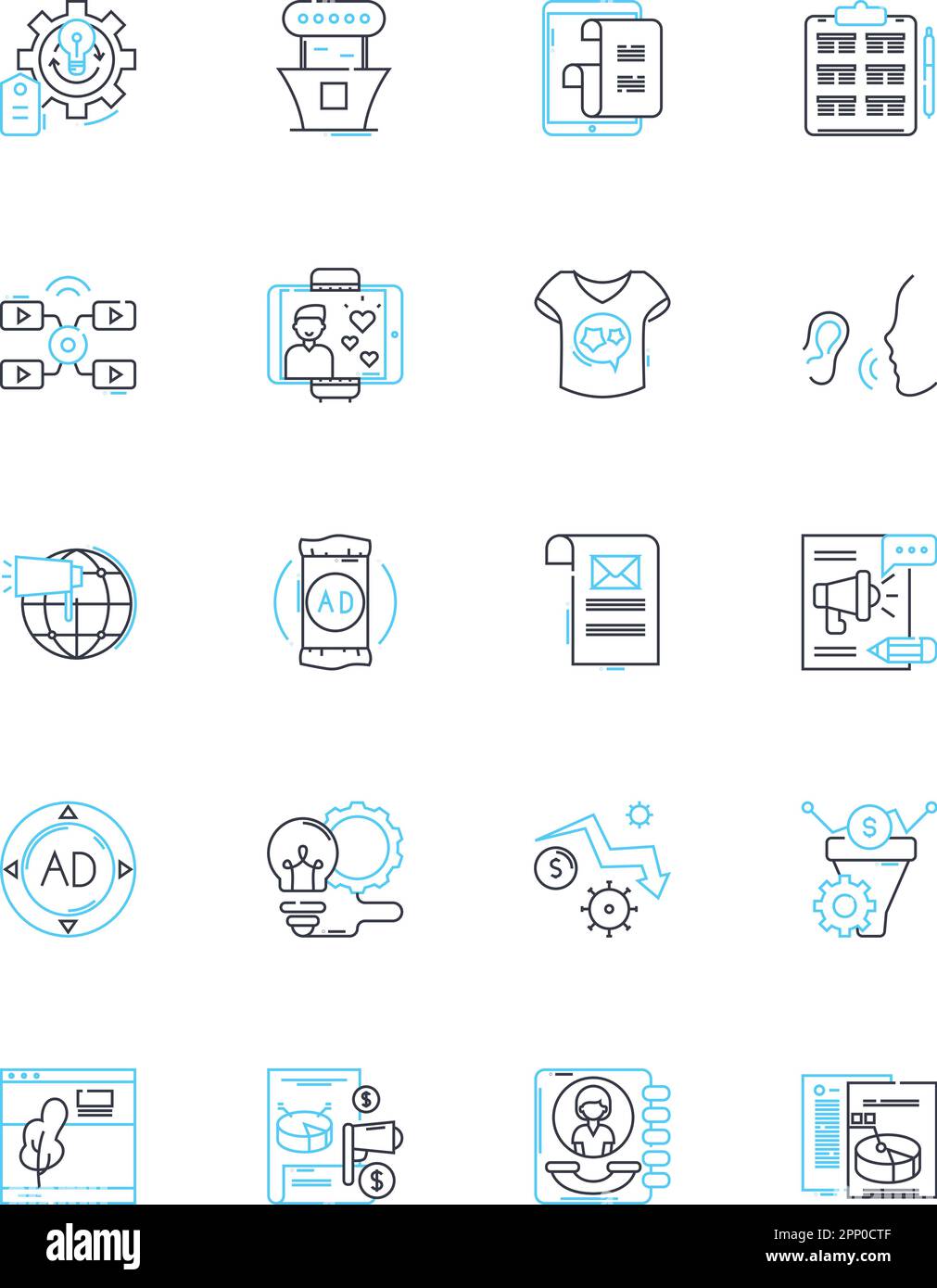 Communications agency linear icons set. Messaging, Publicity, Branding ...