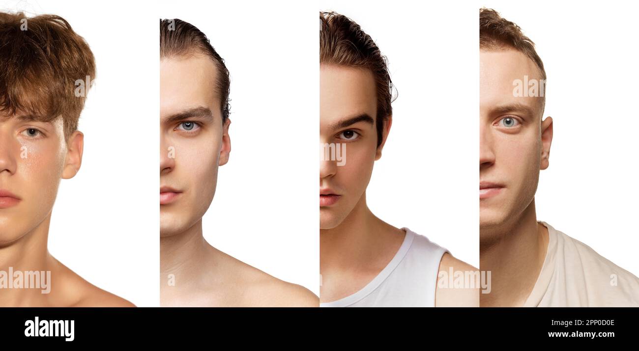 Half-face portrait of four different man of diverse age posing over ...