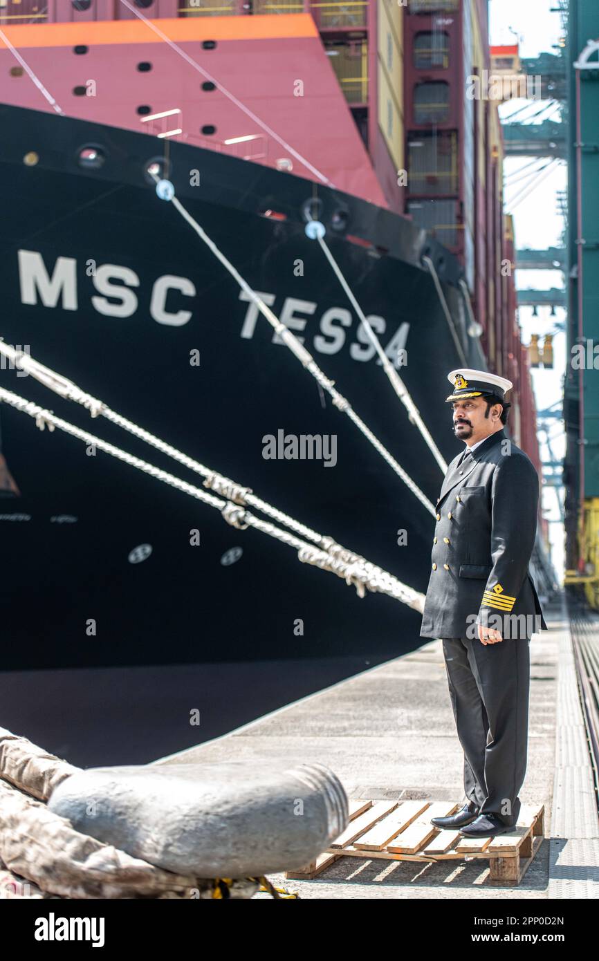 Antwerp, Belgium. 21st Apr, 2023. MSC Tessa captain Anil Kumar Menon ...