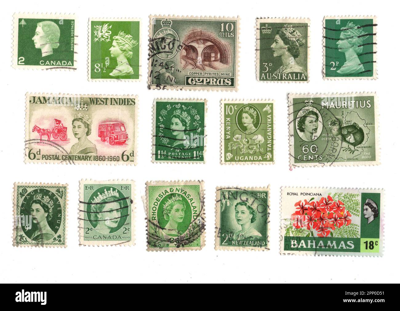 Green coloured vintage postage stamps from around the world featuring a ...
