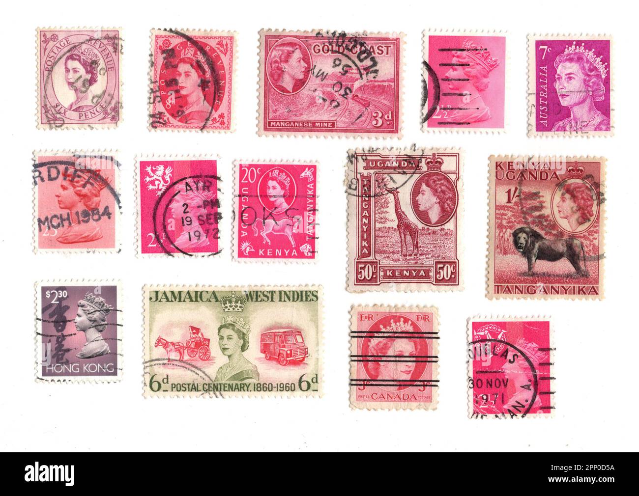 Pink coloured vintage postage stamps from around the world featuring a ...