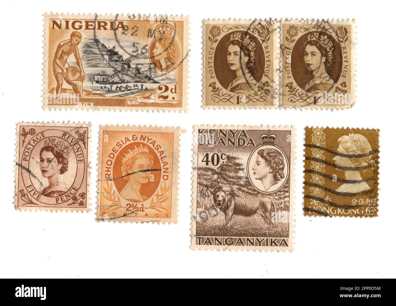Sepia coloured vintage postage stamps from around the world featuring a ...