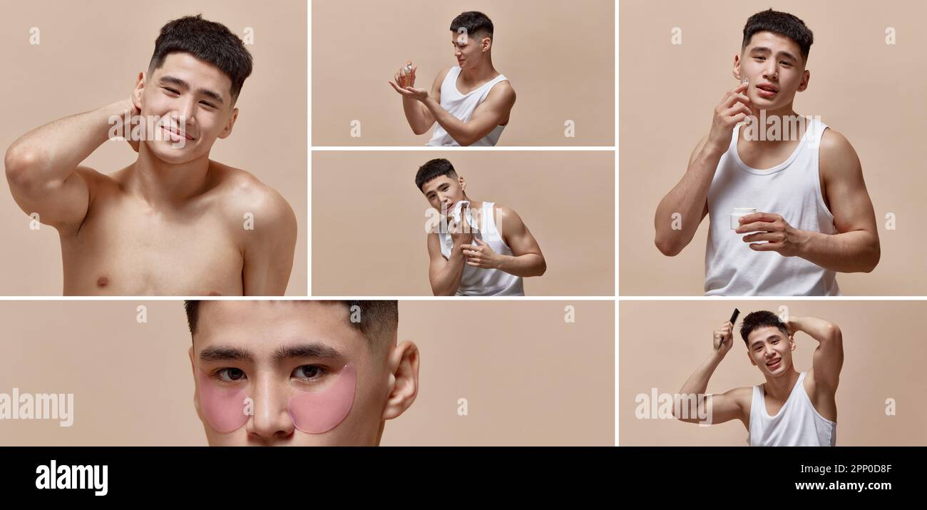 Collage. Set of portrait of handsome, positive young asian man in ...
