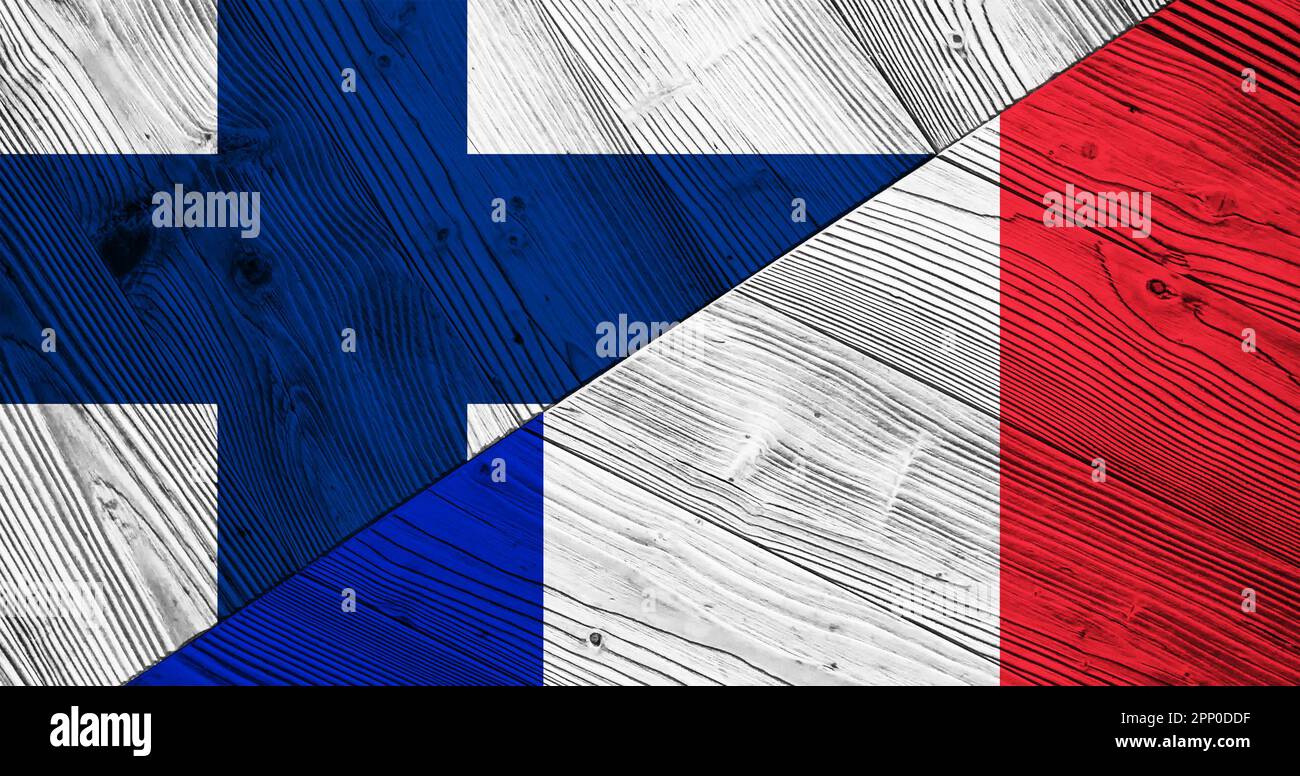 Background with flag of Finland and France on divided wooden board. 3d ...
