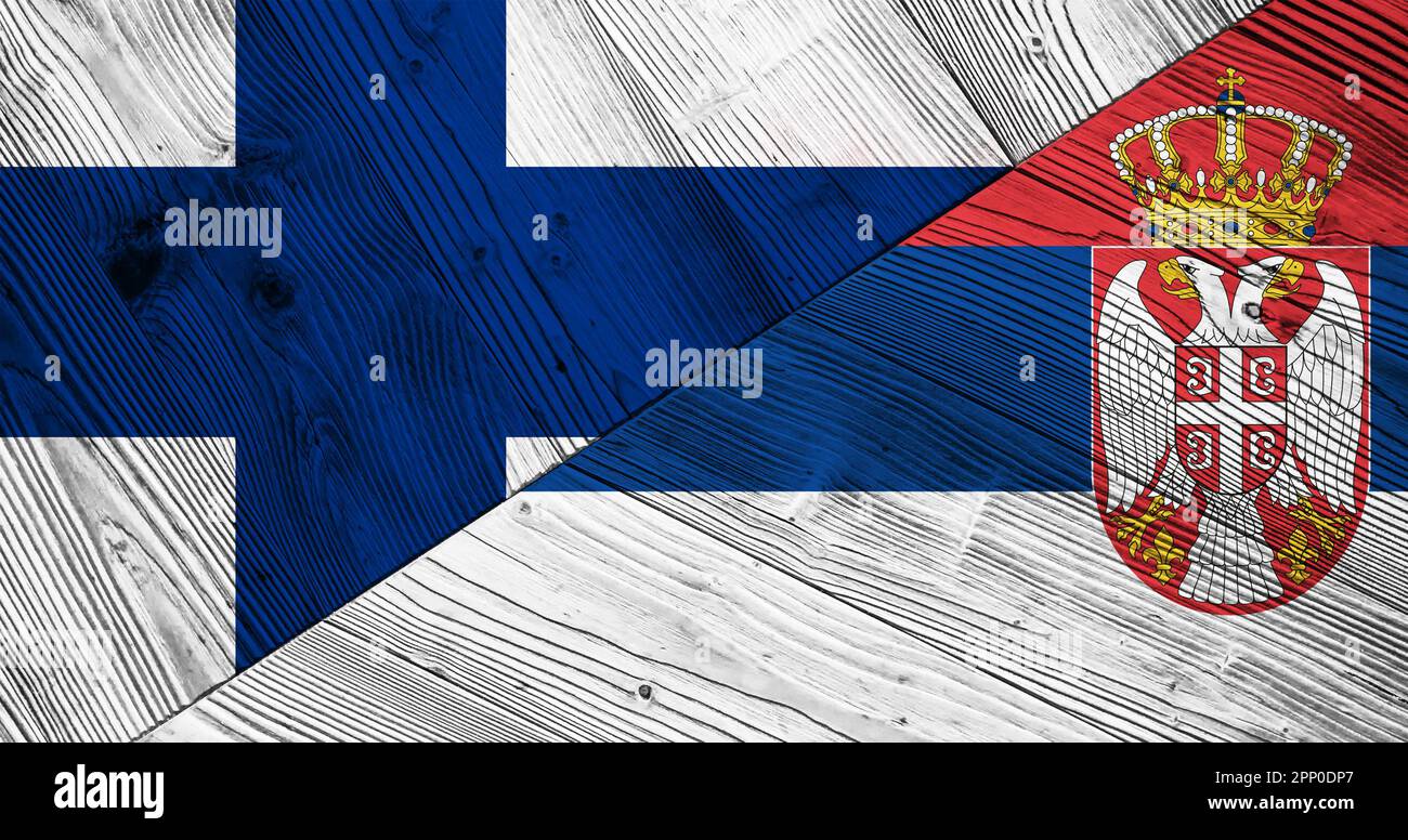 Background with flag of Finland and Serbia on split wooden board. 3d ...