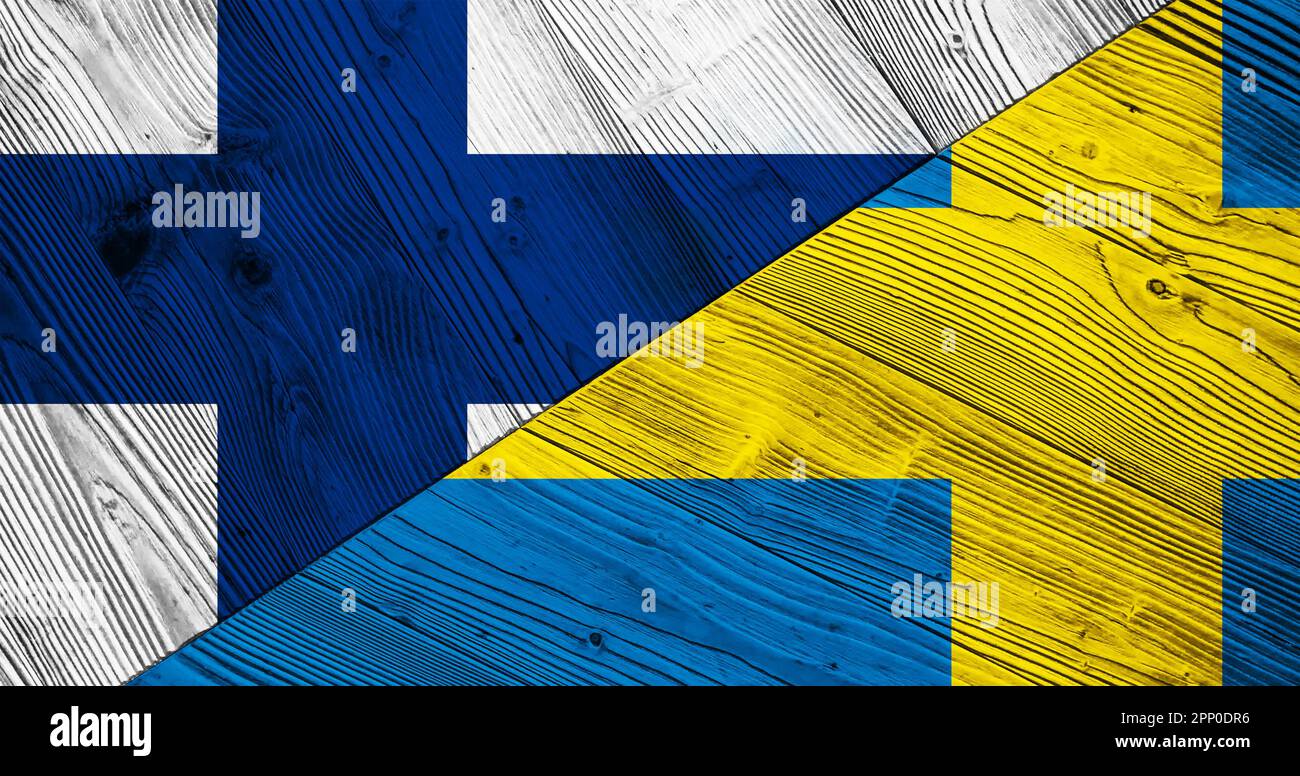 Background with flag of Portugal and Sweden on wooden split plank. 3d ...