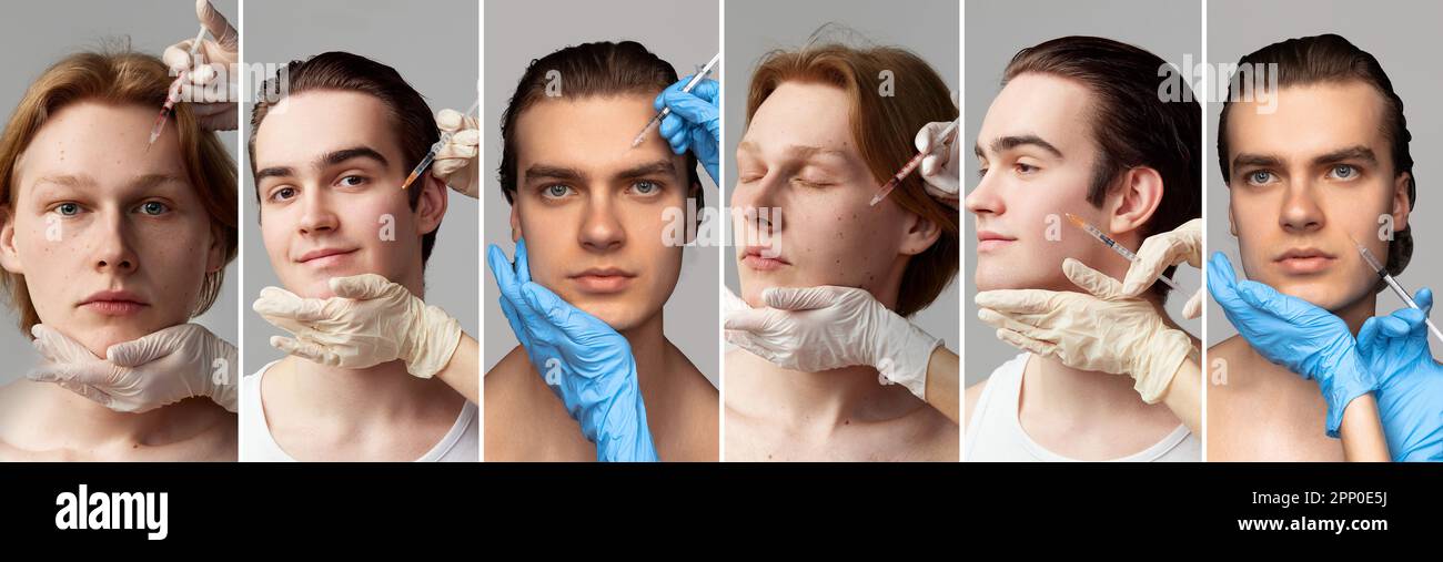 Collage. Different young men visiting cosmetologist, doing face ...
