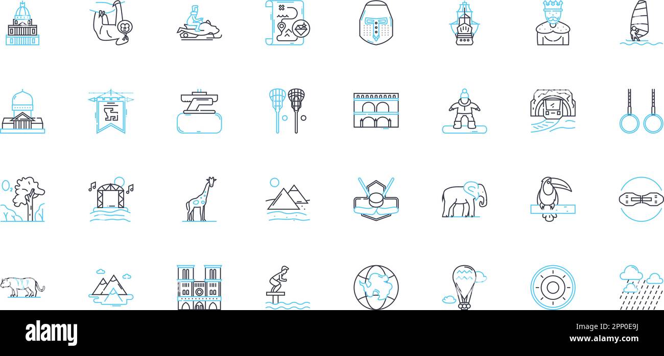 Excursion linear icons set. Adventure, Exploration, Trip, Journey, Trek ...