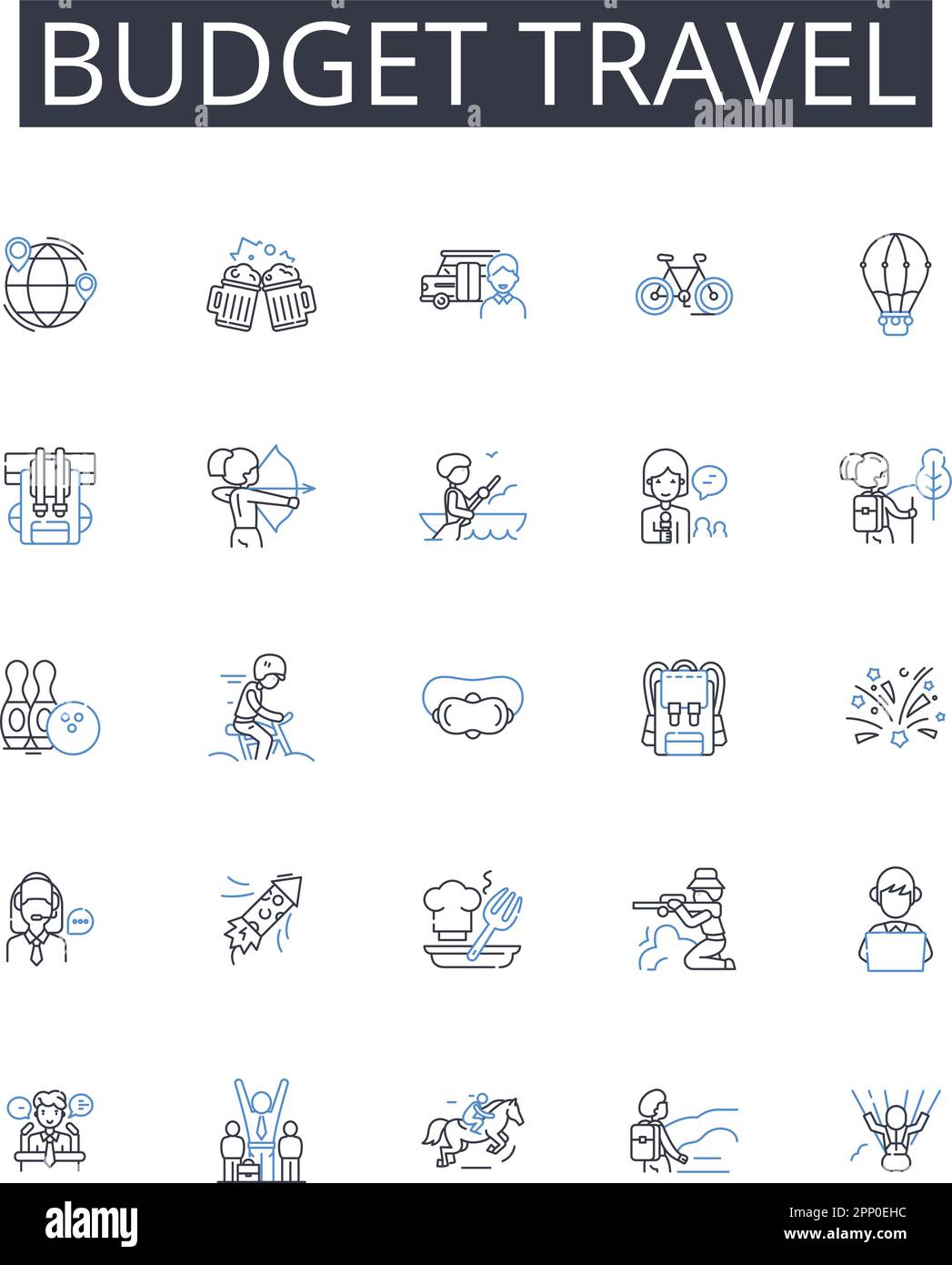 Budget travel line icons collection. Eco-tourism, Boutique hotel, Road ...