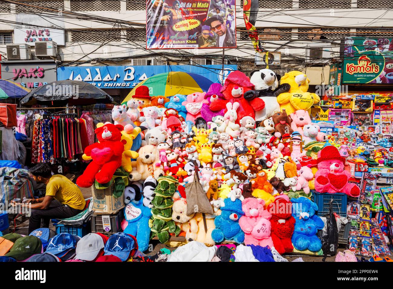 Colourful brightly coloured cuddly toys for sale at a stall in the New ...