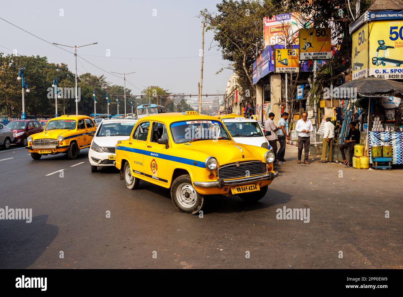 Typical vintage Ambassador yellow cab taxi in the street in the New ...