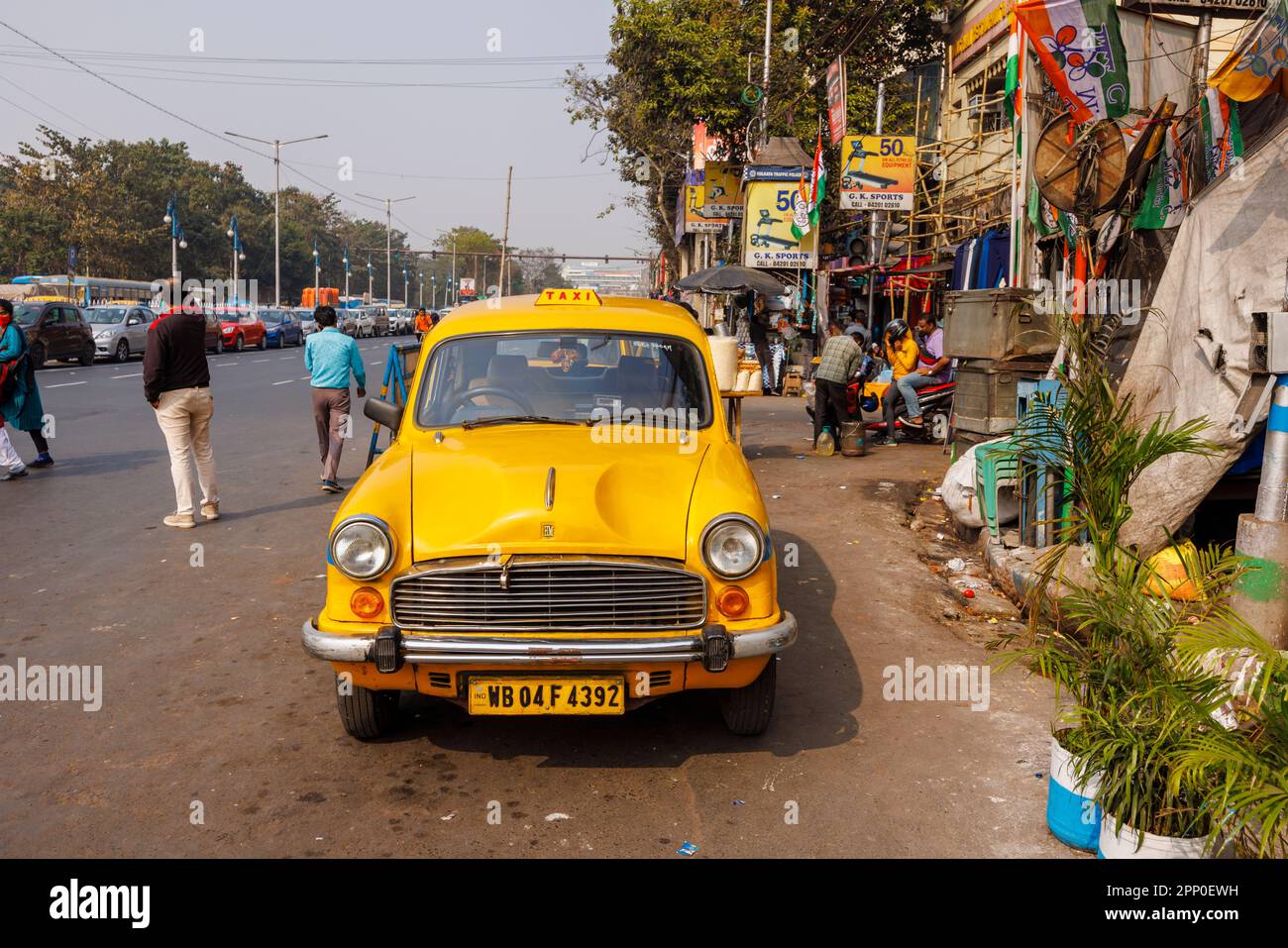 Typical vintage Ambassador yellow cab taxi in the street in the New ...