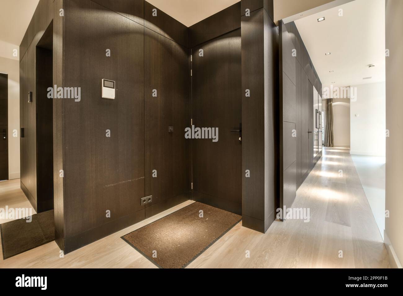 a hallway with wood floors and black wall paneled doors on either side ...