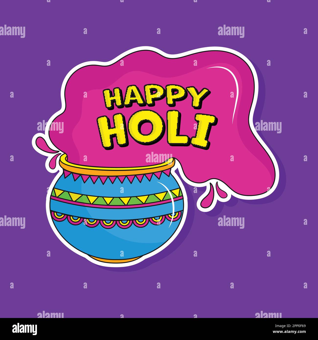 Happy Holi Font With Clay Pot Full Of Color In Sticker Style On Purple ...