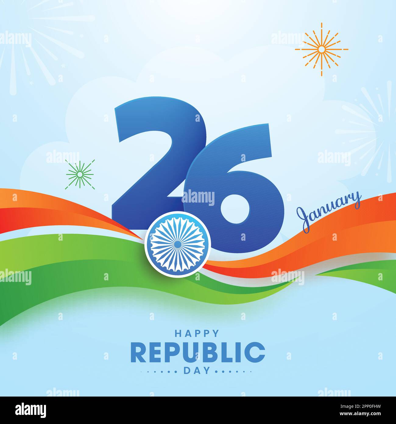 26 January Text With Ashoka Wheel, Saffron And Green Waves On Blue ...