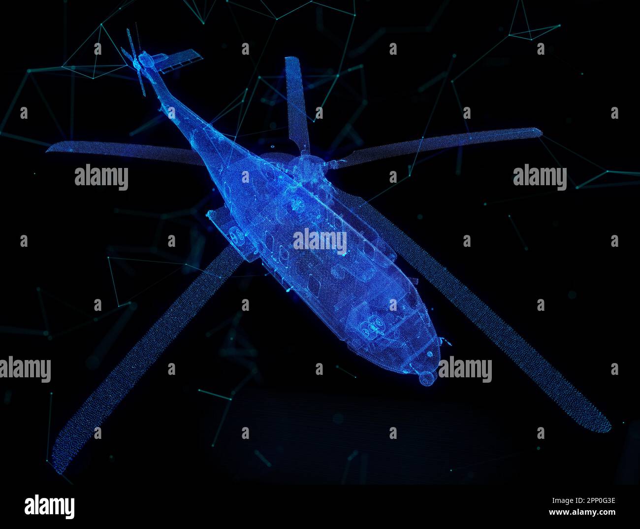 Glowing blue light 3d model Military helicopter with lines, dots and ...