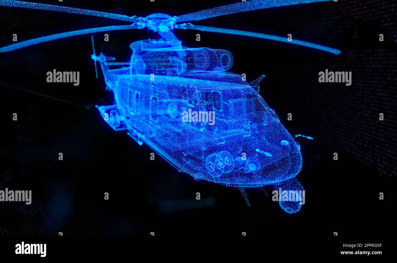 Military helicopter. Glow particles formation helicopter on a black ...