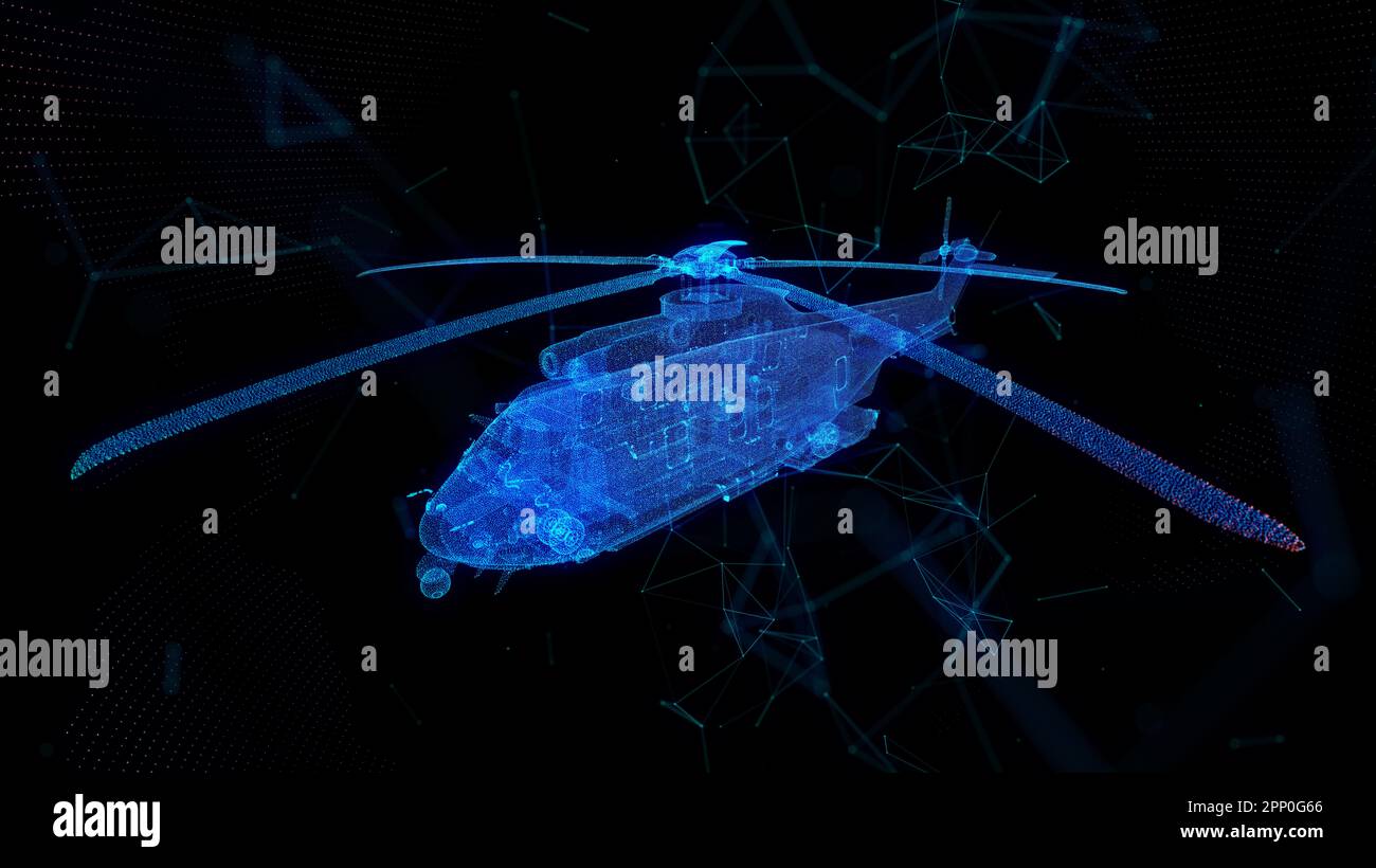 Military helicopter. Glow particles formation helicopter on a black ...