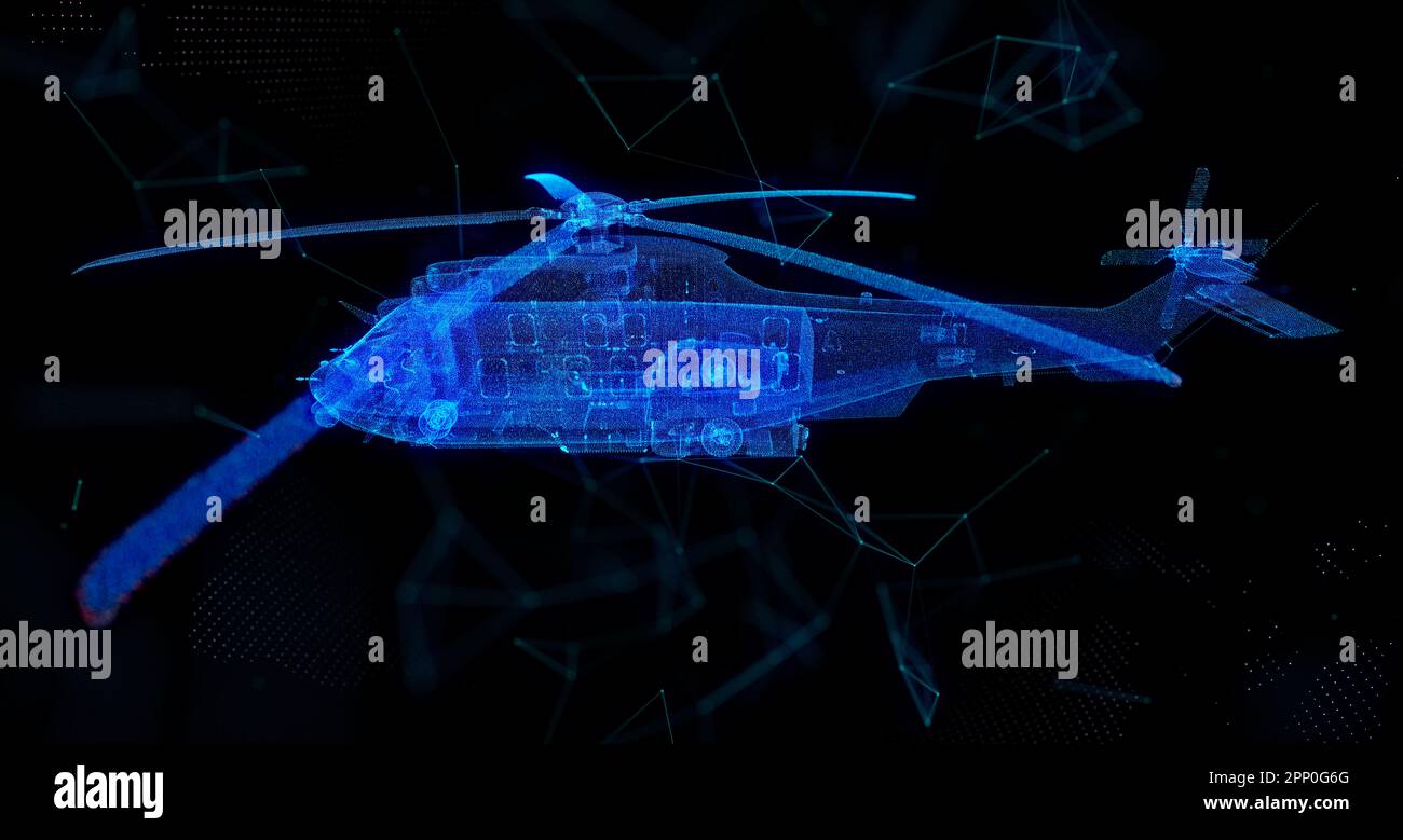 Military helicopter. 3D wire-frame model on a black sky background ...
