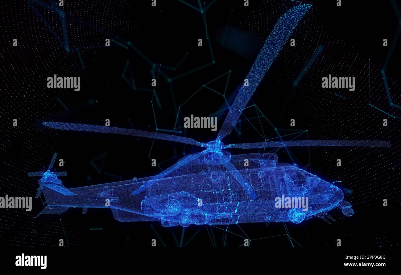 Glowing blue light 3d model Military helicopter with lines, dots and ...