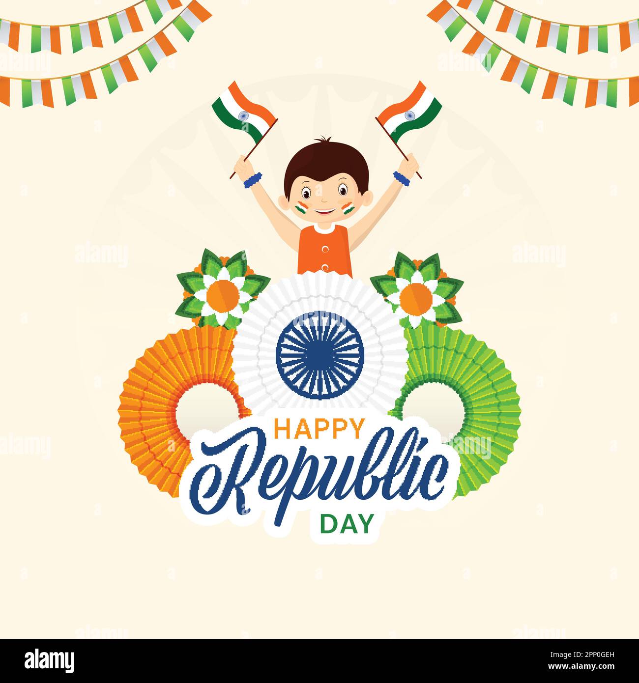Happy Republic Day Font With Tricolor Paper Accordion Badge, Flowers ...