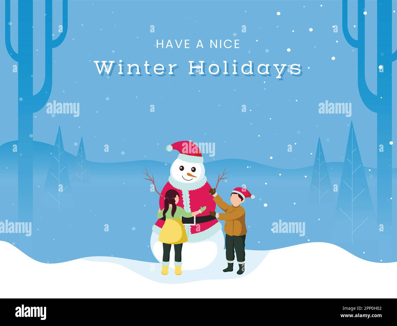 Winter Holidays Concept With Cartoon Kids Standing Near Snowman On ...