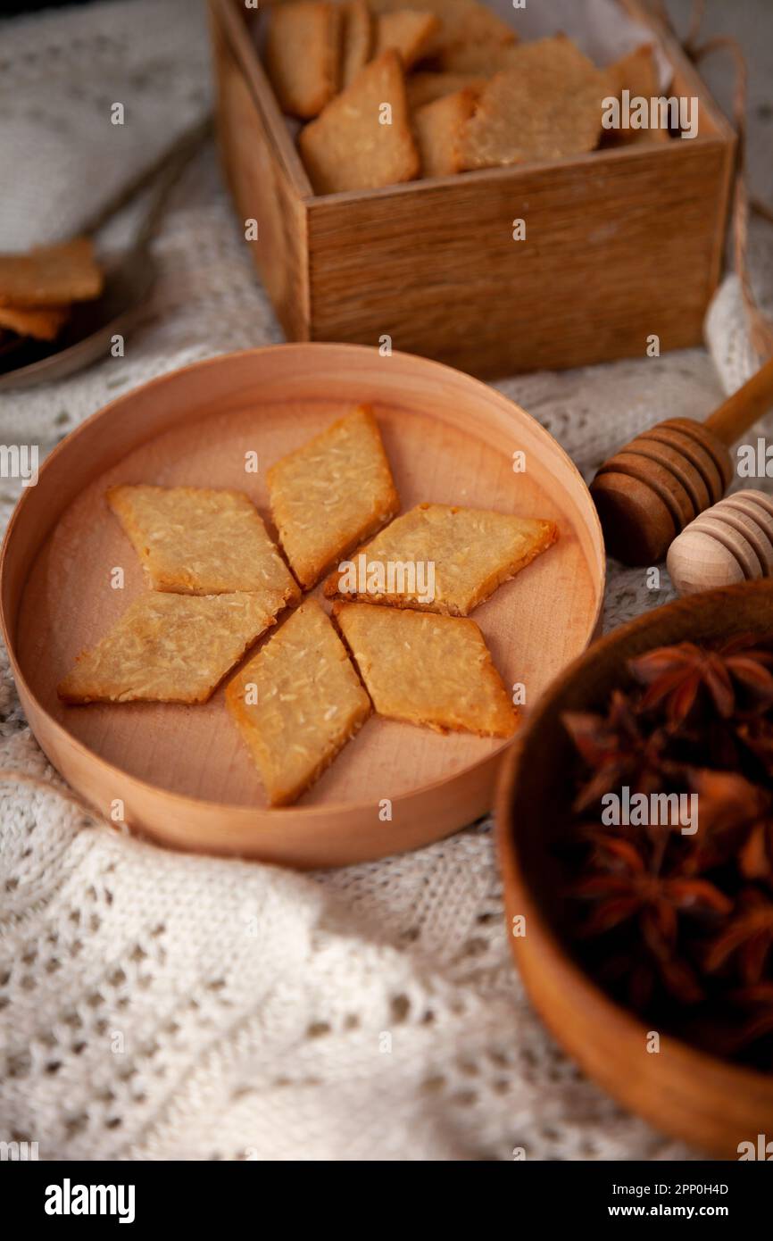 Homemade cookies with coconut. Rhombus shaped cookie. Sweet food ...