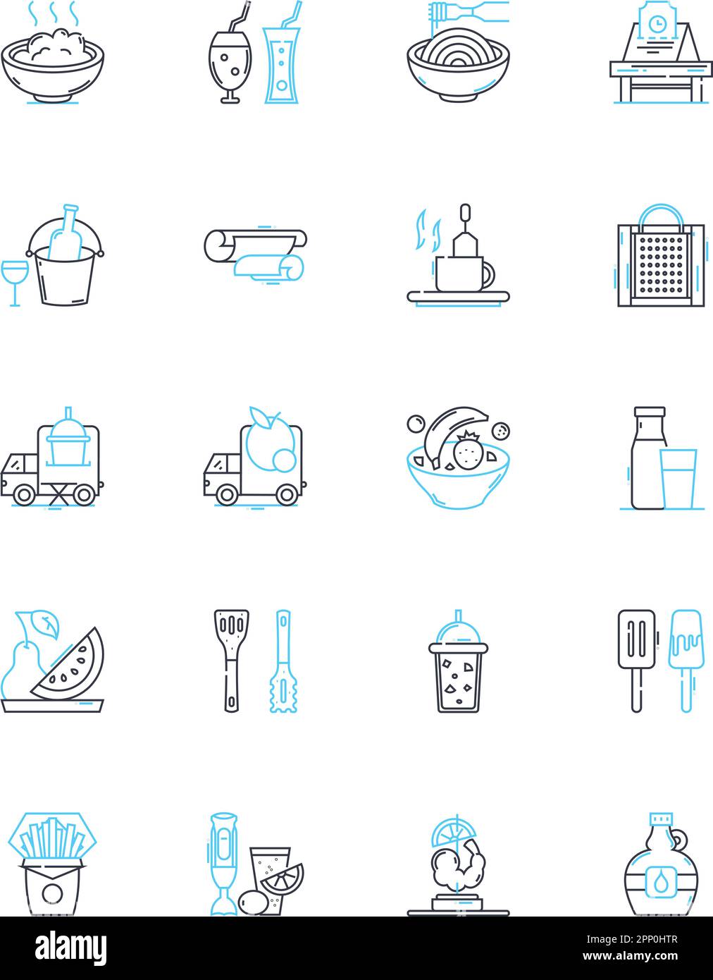 Food offerings linear icons set. Cuisine, Menu, Ingredients, Flavors ...