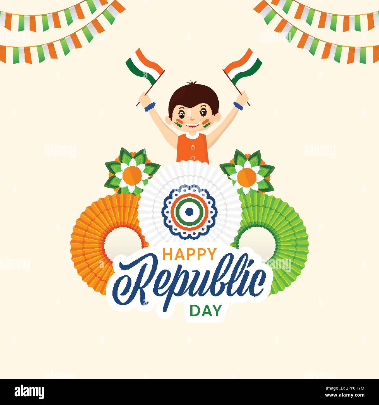 Happy Republic Day Font With Tricolor Paper Accordion Badge, Flowers ...