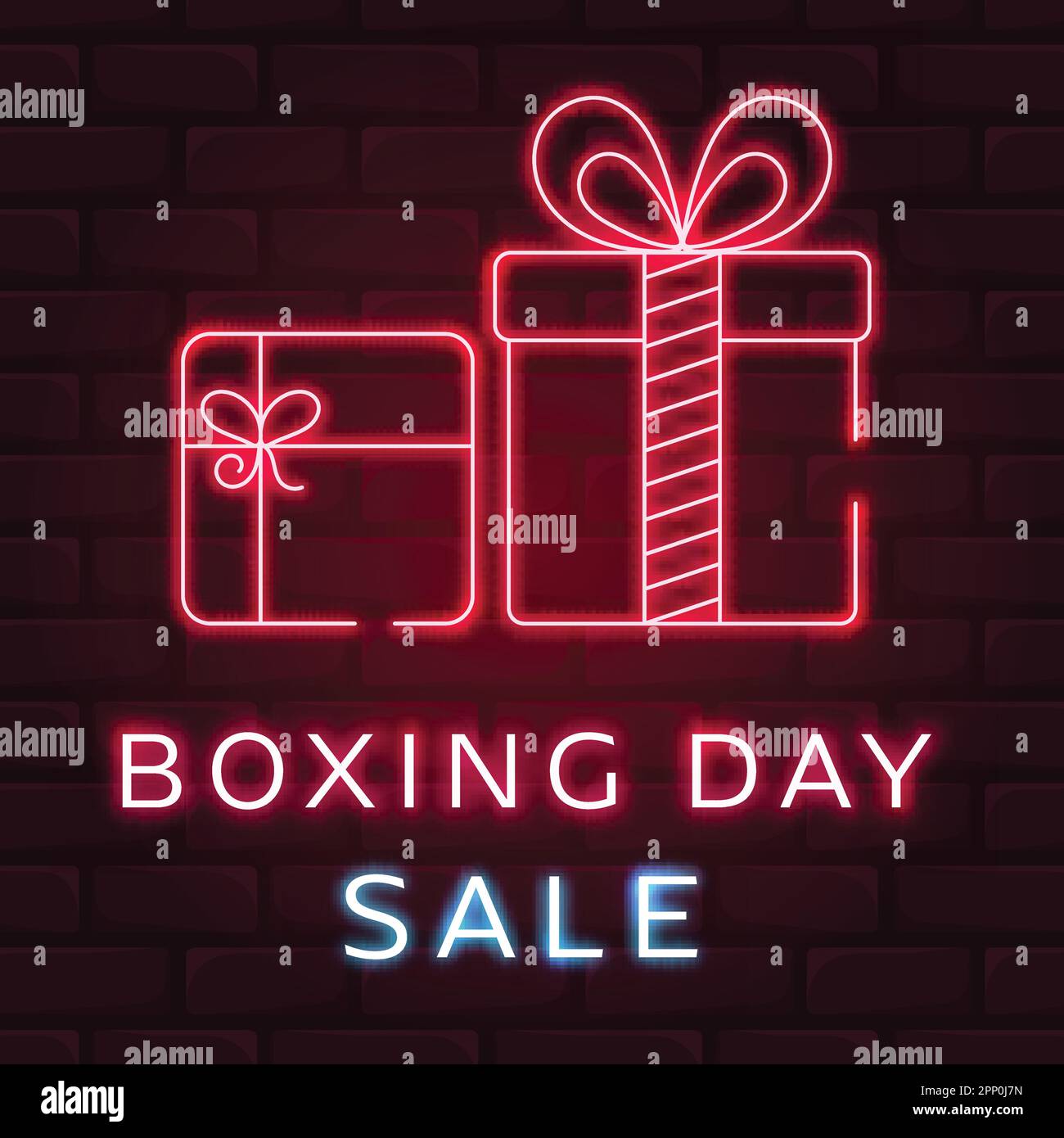 Neon Effect Boxing Day Sale Text With Gift Boxes On Dark Maroon Brick ...