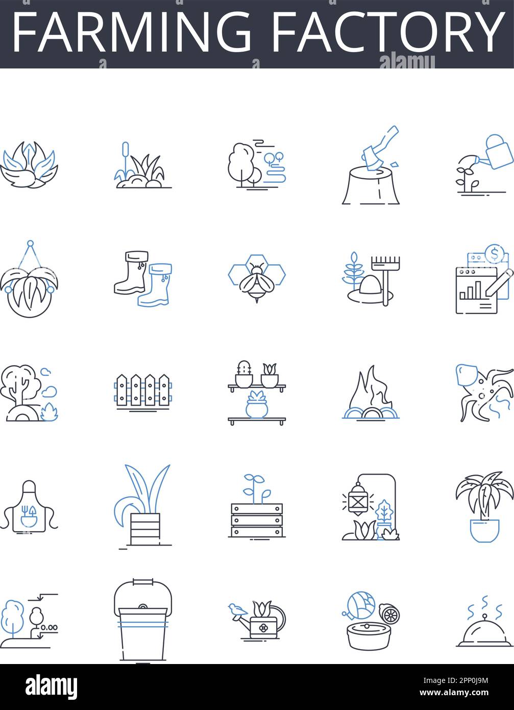 Farming factory line icons collection. Automobile plant, Meat factory ...