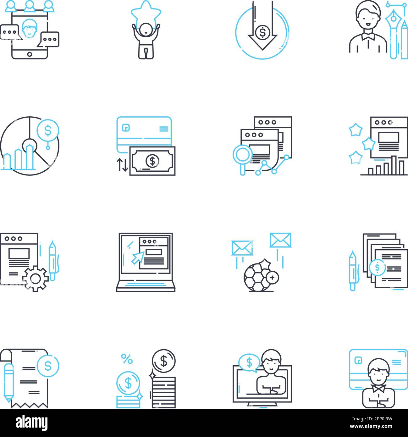 Economic analysis linear icons set. Inflation, Gross Domestic Product (GDP), Labor, Unemployment ...