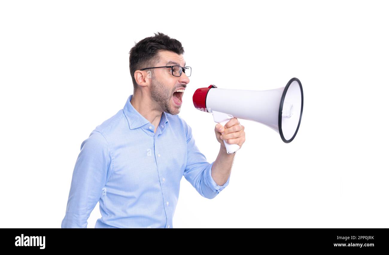 angry man announcing with megaphone isolated on white background. man ...