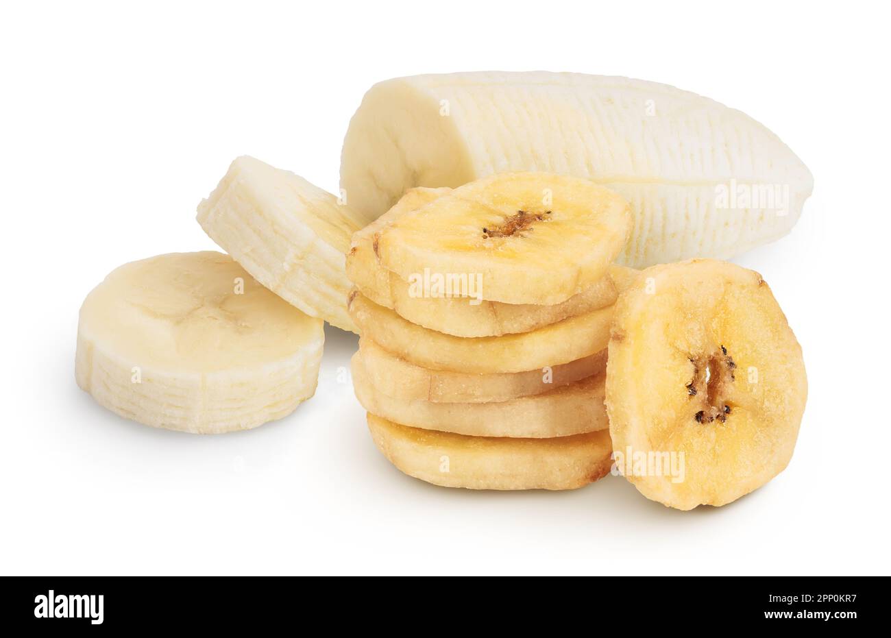 banana pieces fresh and dried isolated on white background with ...