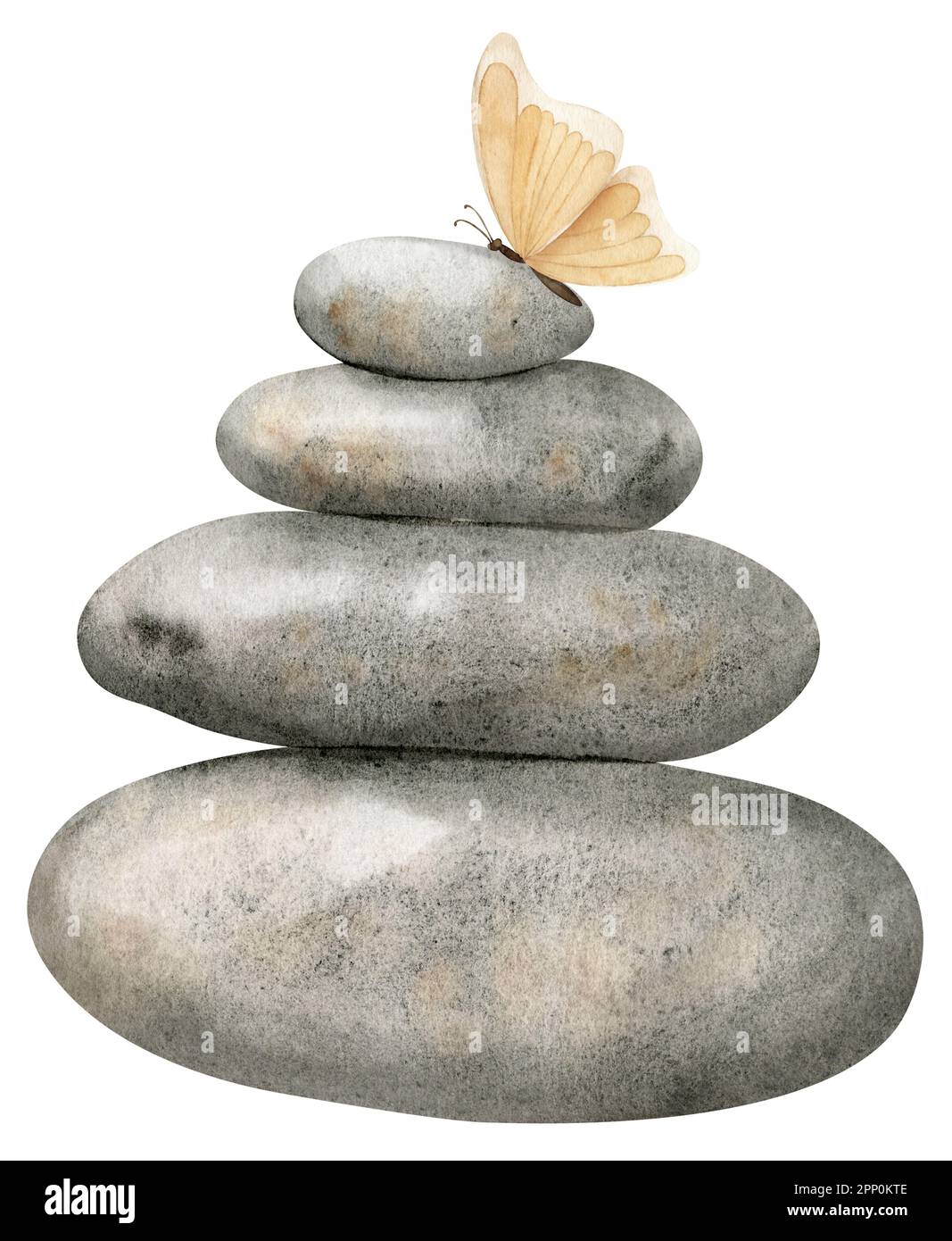 Stack of flat Pebbles with butterfly. Hand drawn watercolor ...