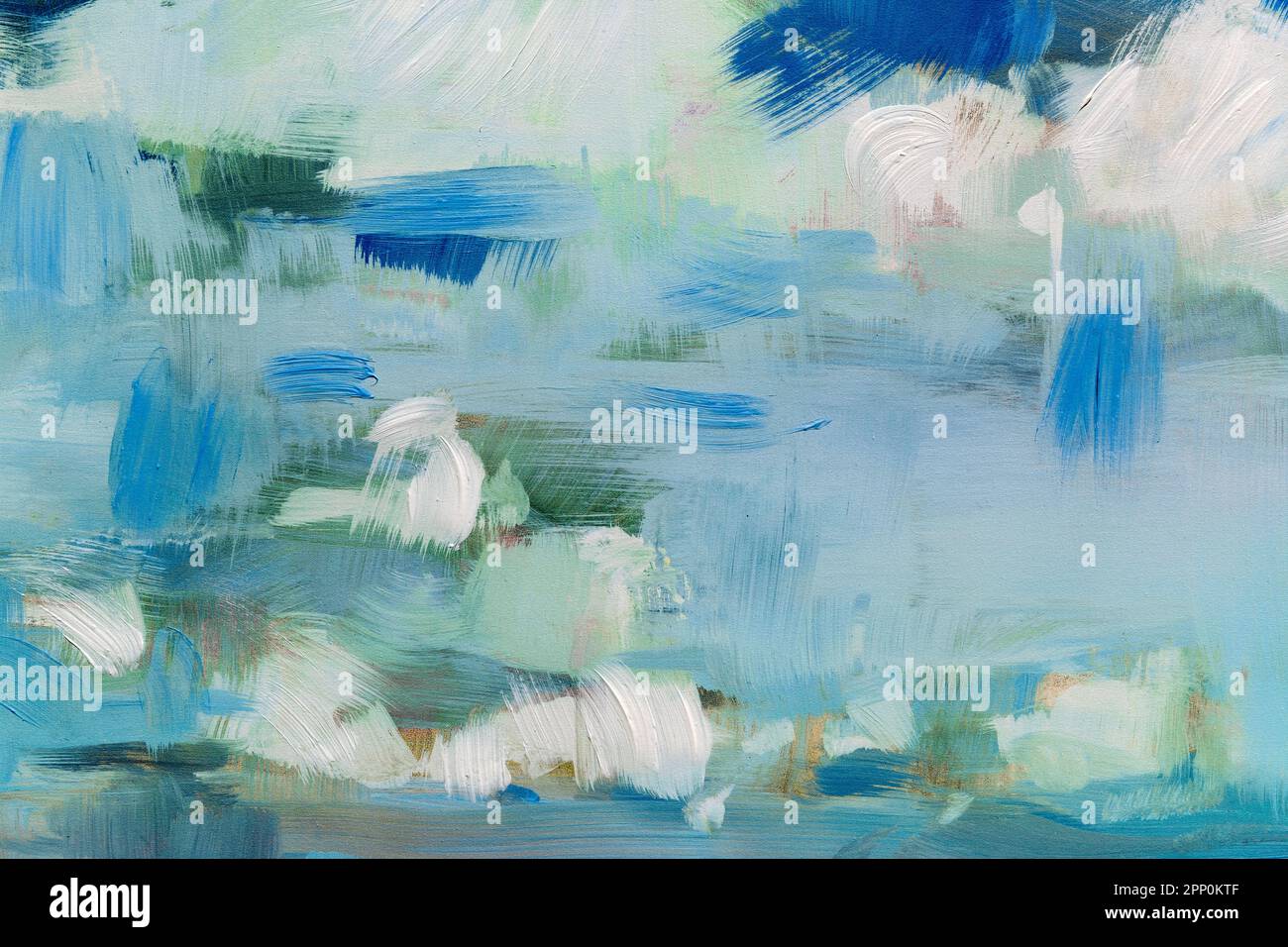 Oil painting of blue sky close up. Abstract background macro canvas impressionism. Impasto ...