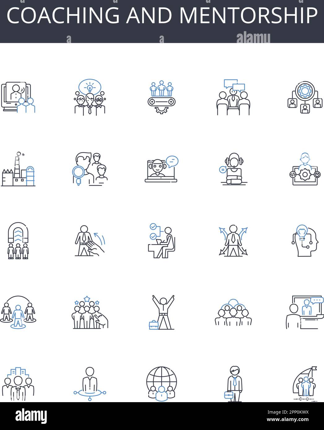 Coaching and mentorship line icons collection. Teaching and guidance ...